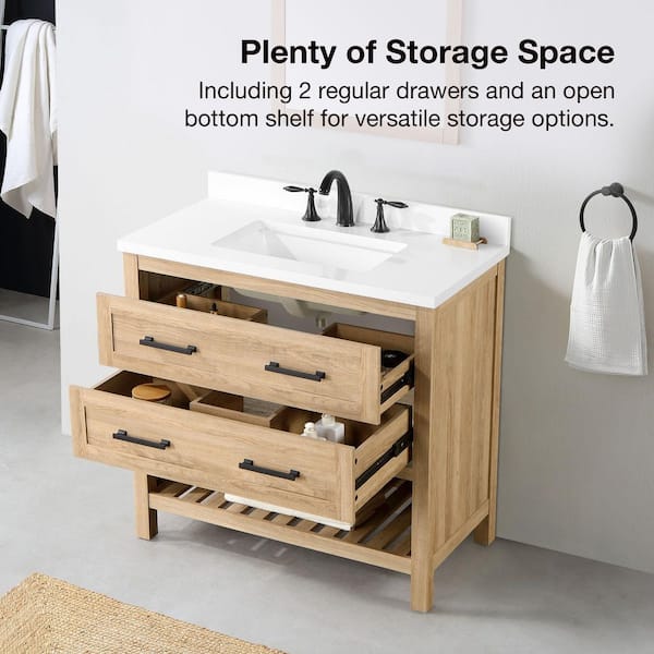 Autumn 36 in. Single Sink Weathered Tan Bath Vanity with White Enginee ...